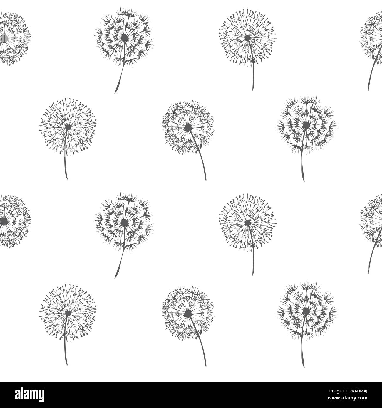 Multiple black outlined dandelions in rows on white background. colour ... Multiple black outlined dandelions in rows on white background. colour ...