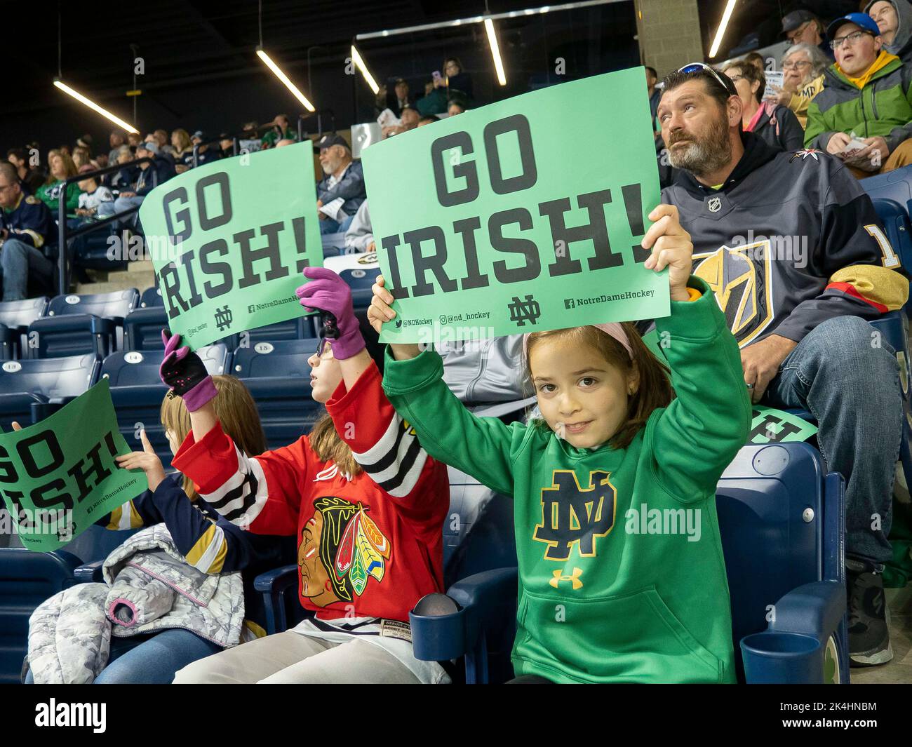 SOUTH BEND, IN - OCTOBER 02: Young Notre Dame Fighting Irish fans hold ...
