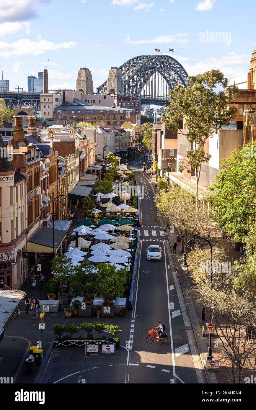 Cafe and pub terraces at the northern end of George Street in The Rocks ...