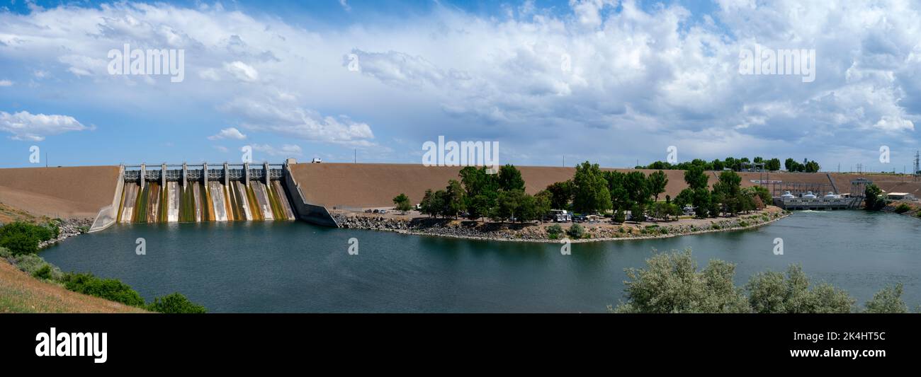 Panorama of the CJ Strike Dam and spillway on the Snake River near ...