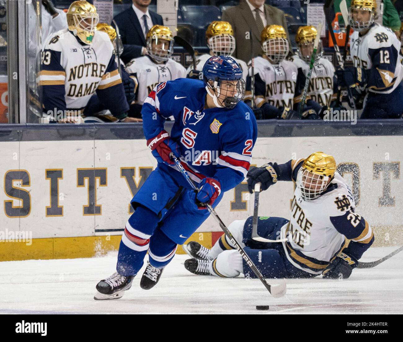 SOUTH BEND, IN - OCTOBER 02: USA U18 defenseman Zeev Buium (28) takes ...