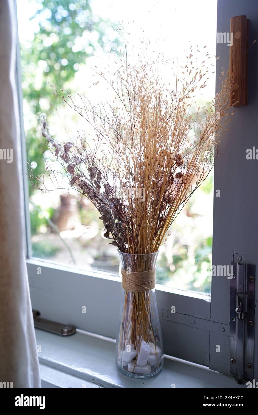 A vase of dried flowers by the window in Da Lat, Vietnam Stock Photo ...