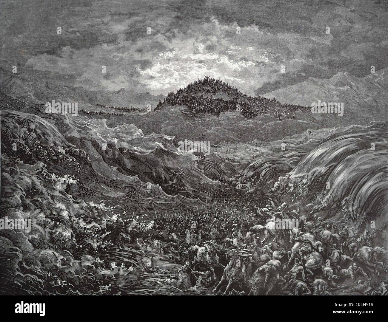 Pharao's approach in the Red Sea. Illustration by Gustave Dore from the ...