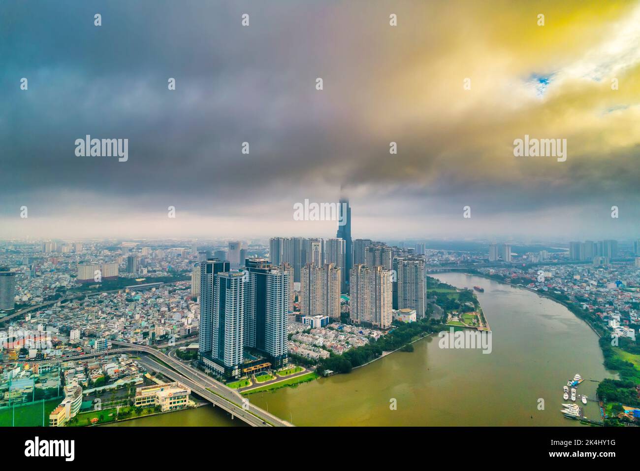 Aerial view of skyline and skyscrapers in center of heart business at ...