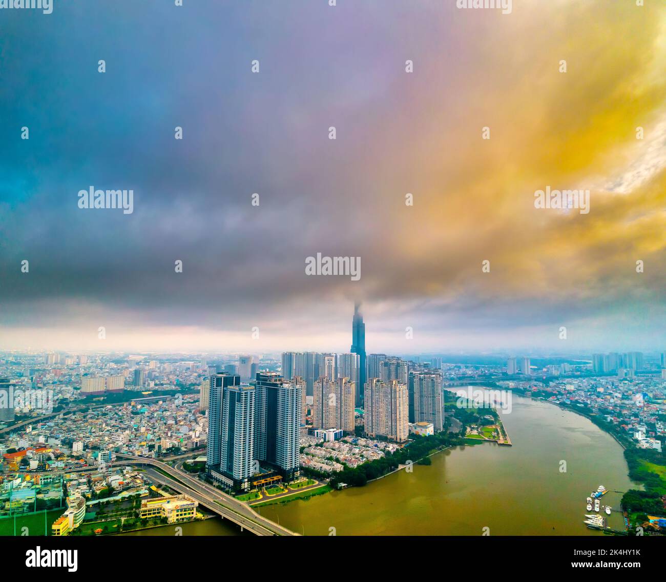 Aerial view of skyline and skyscrapers in center of heart business at ...