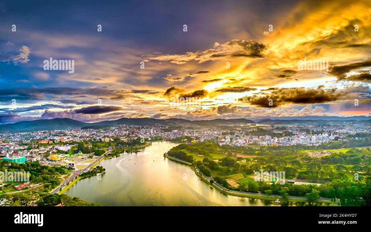 Aerial view of Da Lat city with sunset sky beautiful tourism ...