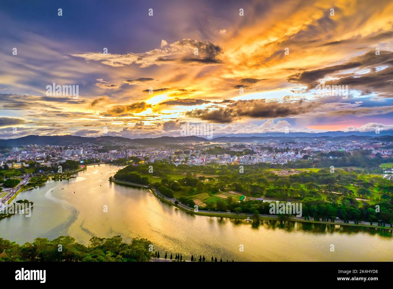 Aerial view of Da Lat city with sunset sky beautiful tourism ...