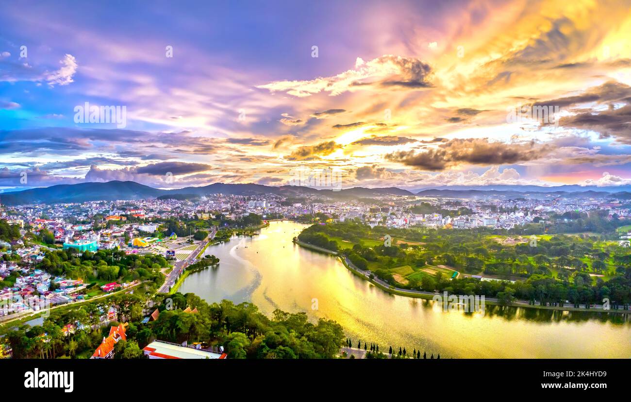 Aerial view of Da Lat city with sunset sky beautiful tourism ...