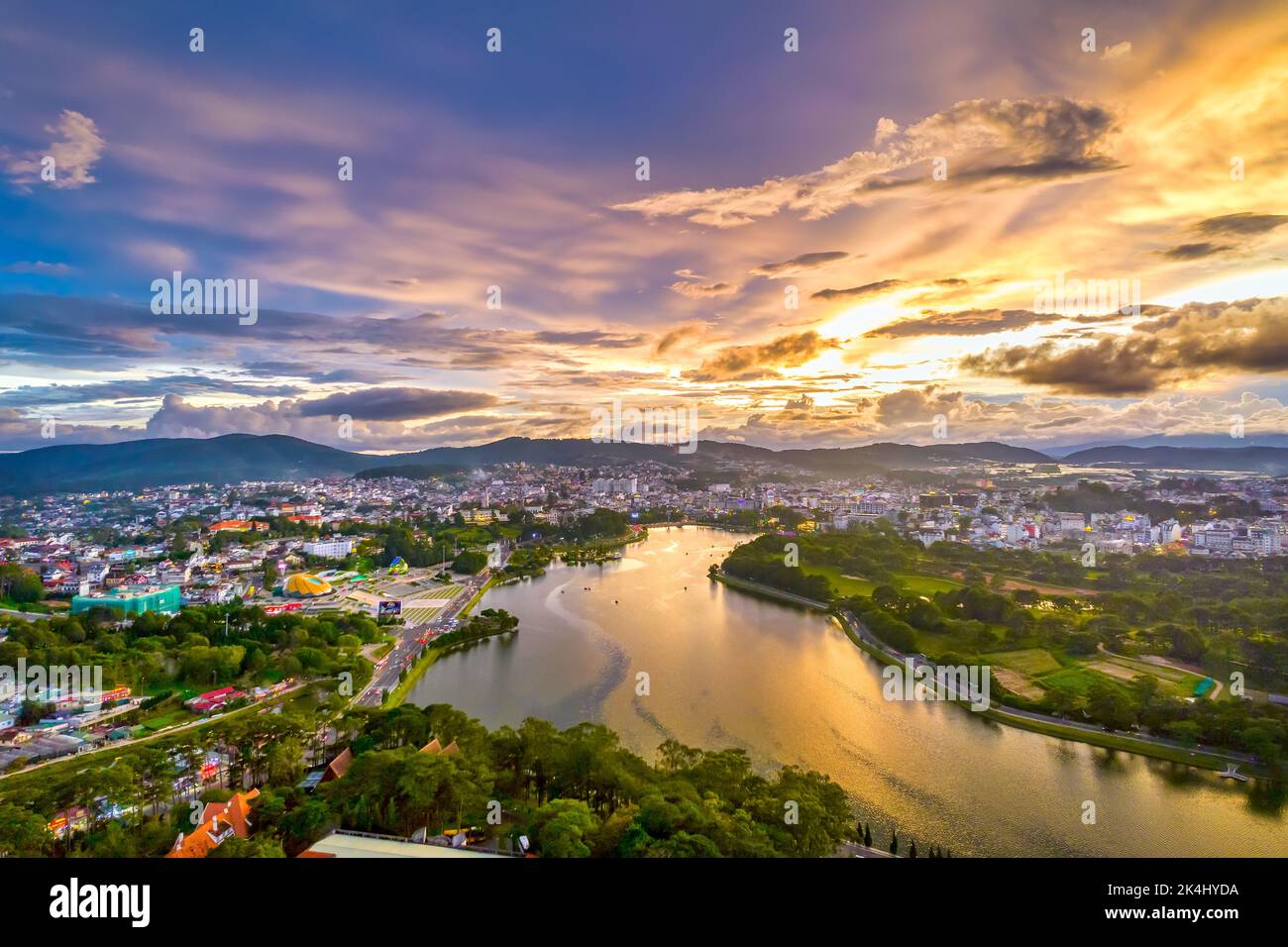Aerial view of Da Lat city with sunset sky beautiful tourism ...