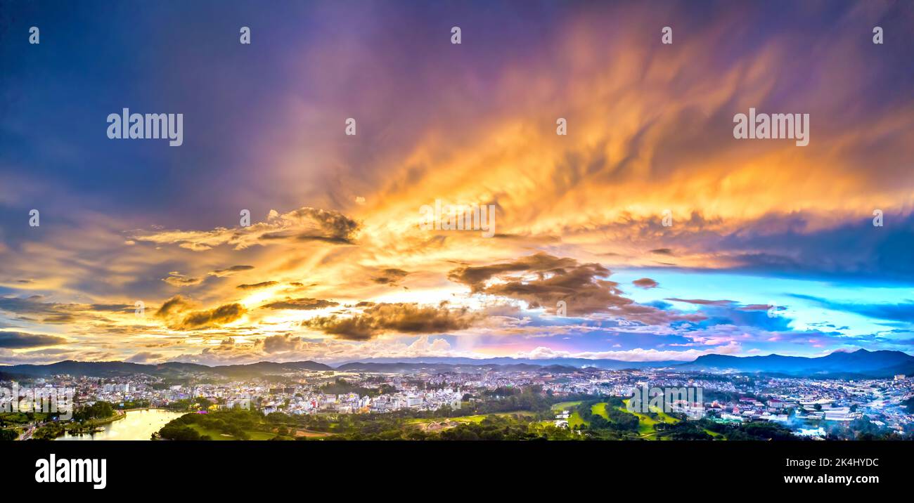 Aerial view of Da Lat city with sunset sky beautiful tourism ...
