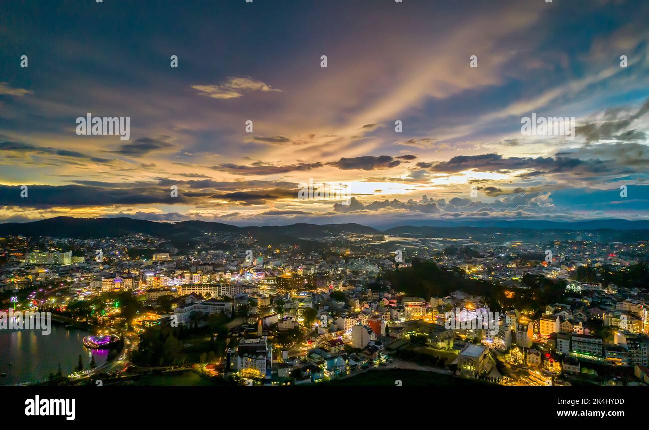 Aerial view of Da Lat city with sunset sky beautiful tourism ...