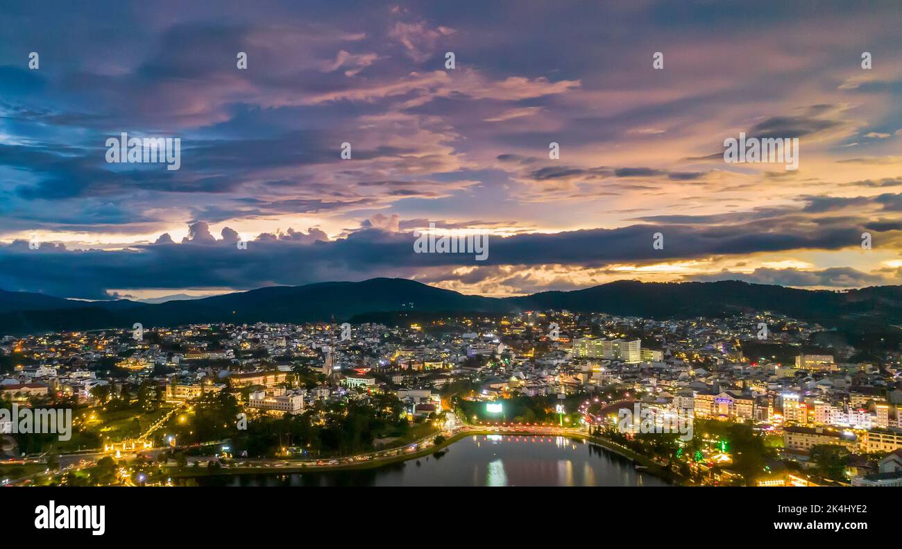 Aerial view of Da Lat city with sunset sky beautiful tourism ...