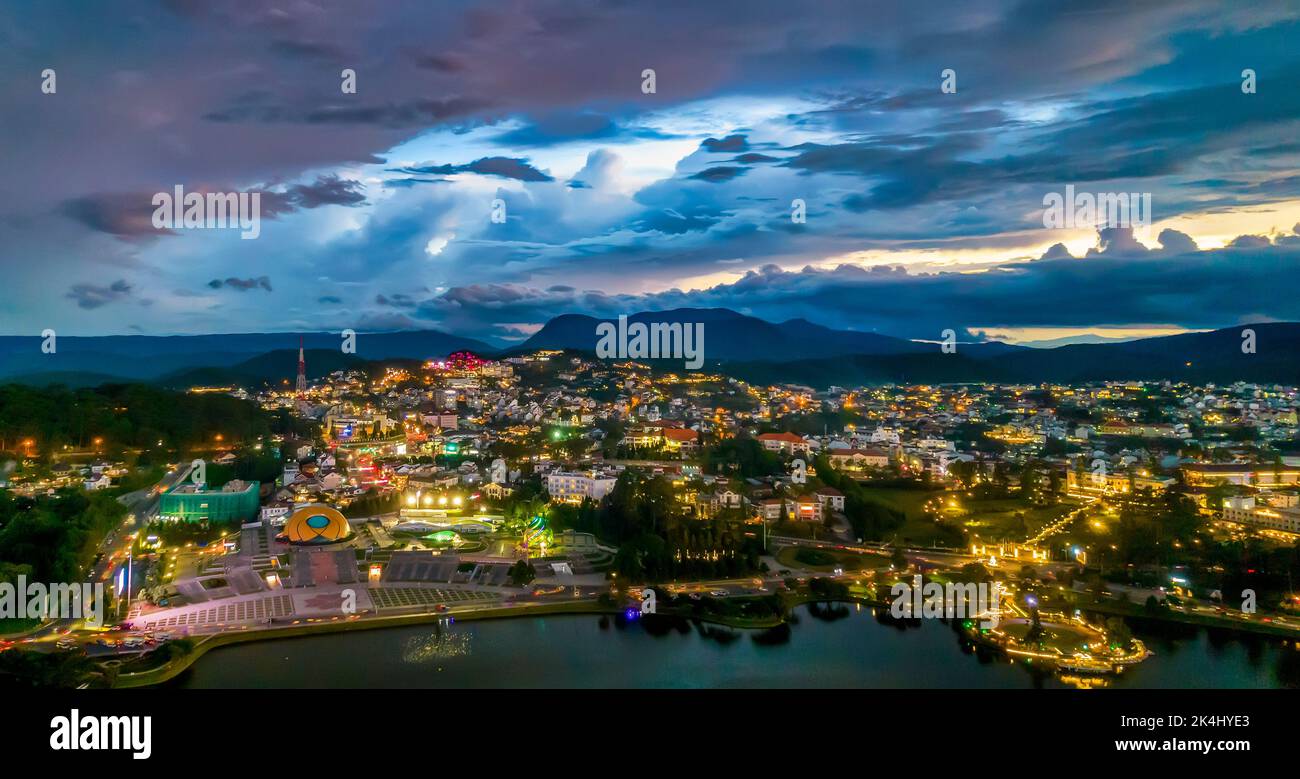 Aerial view of Da Lat city with sunset sky beautiful tourism ...