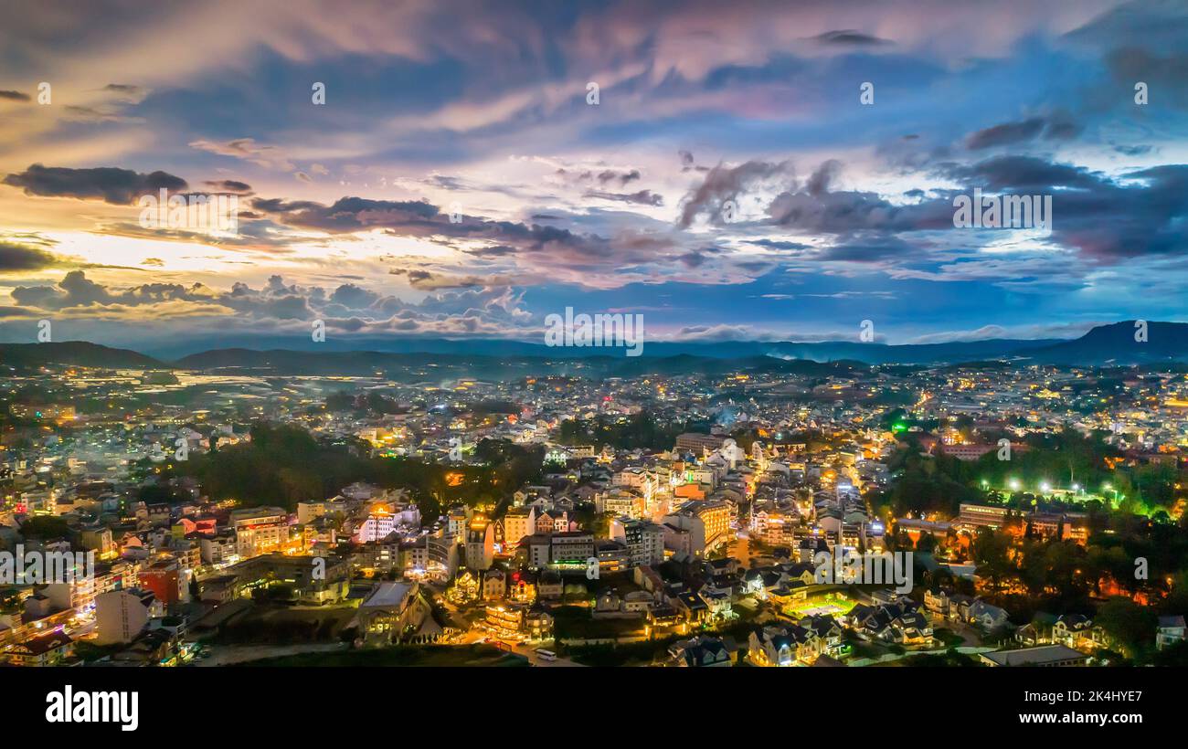 Aerial view of Da Lat city with sunset sky beautiful tourism ...