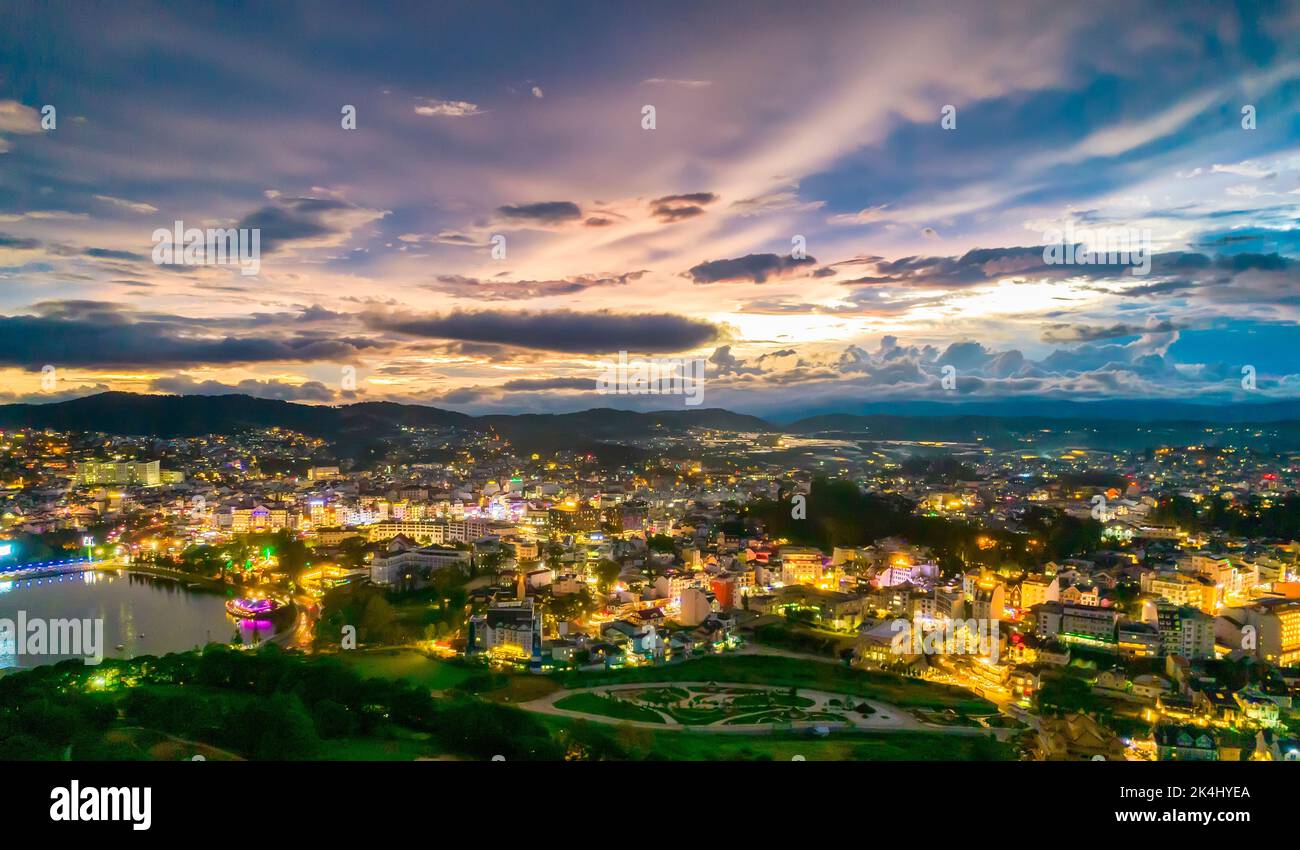Aerial view of Da Lat city with sunset sky beautiful tourism ...