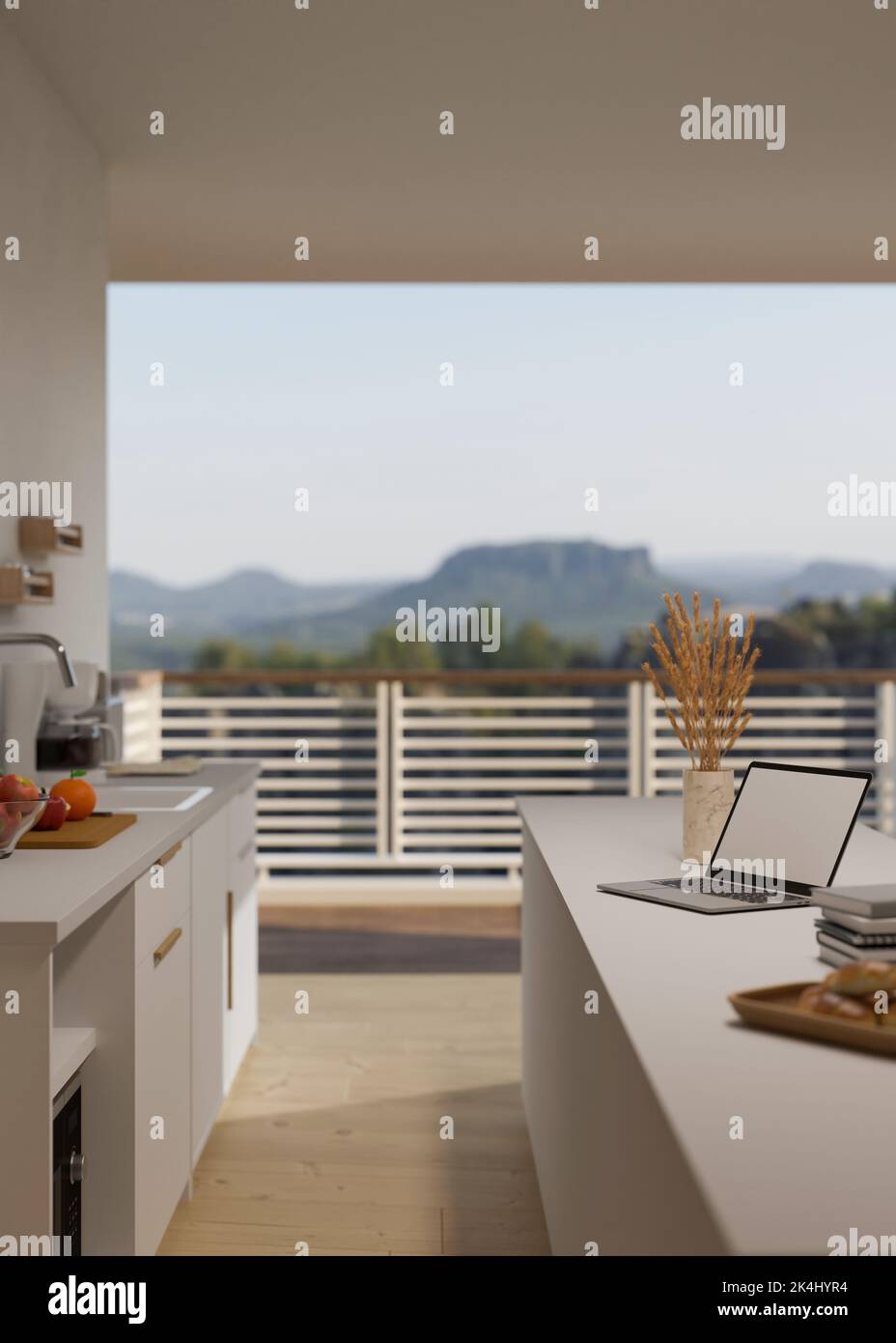 Laptop mockup with accessories on a modern kitchen islands or kitchen ...