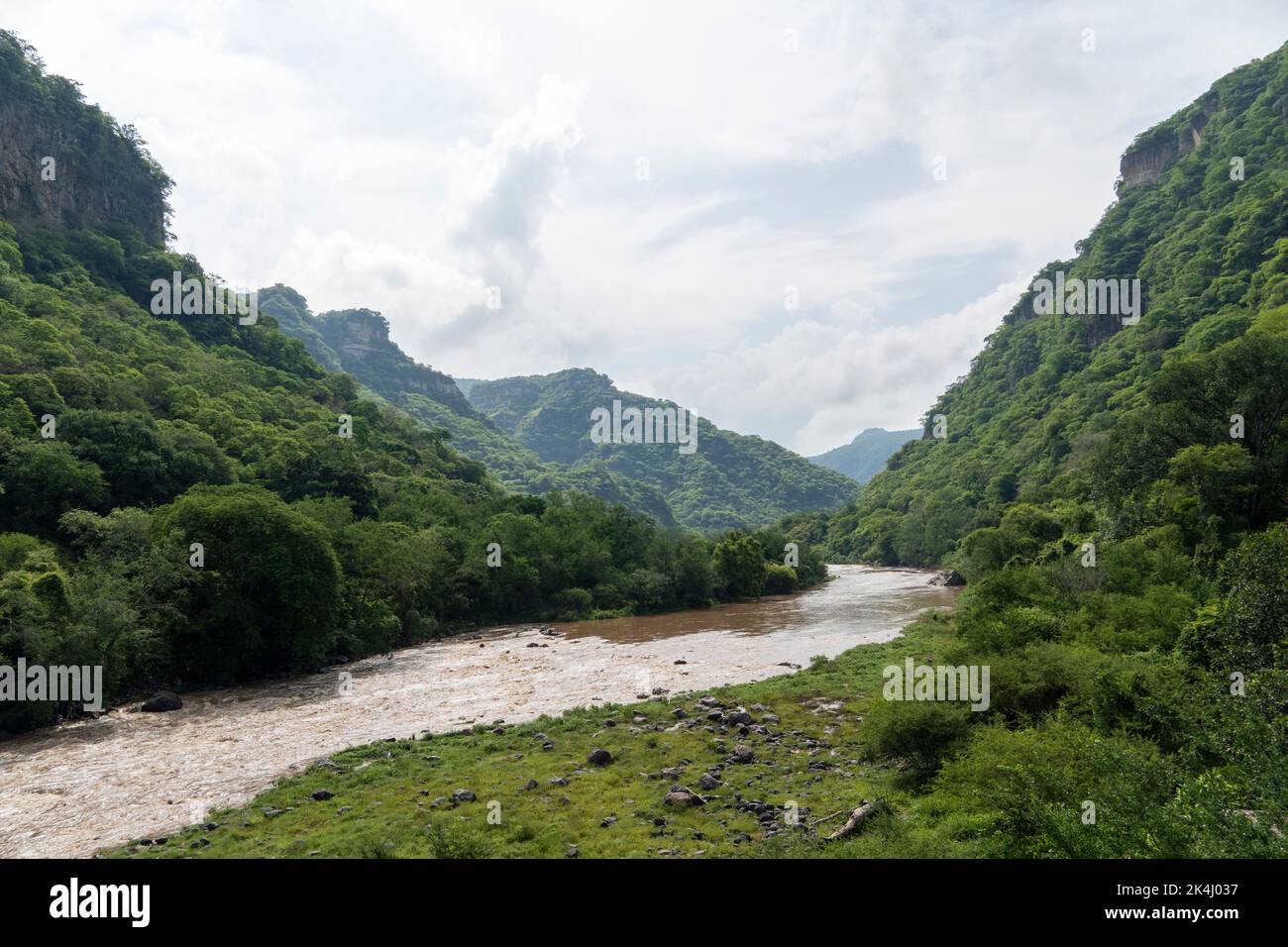 dirty river seen through the huentitan ravine in guadalajara, green ...