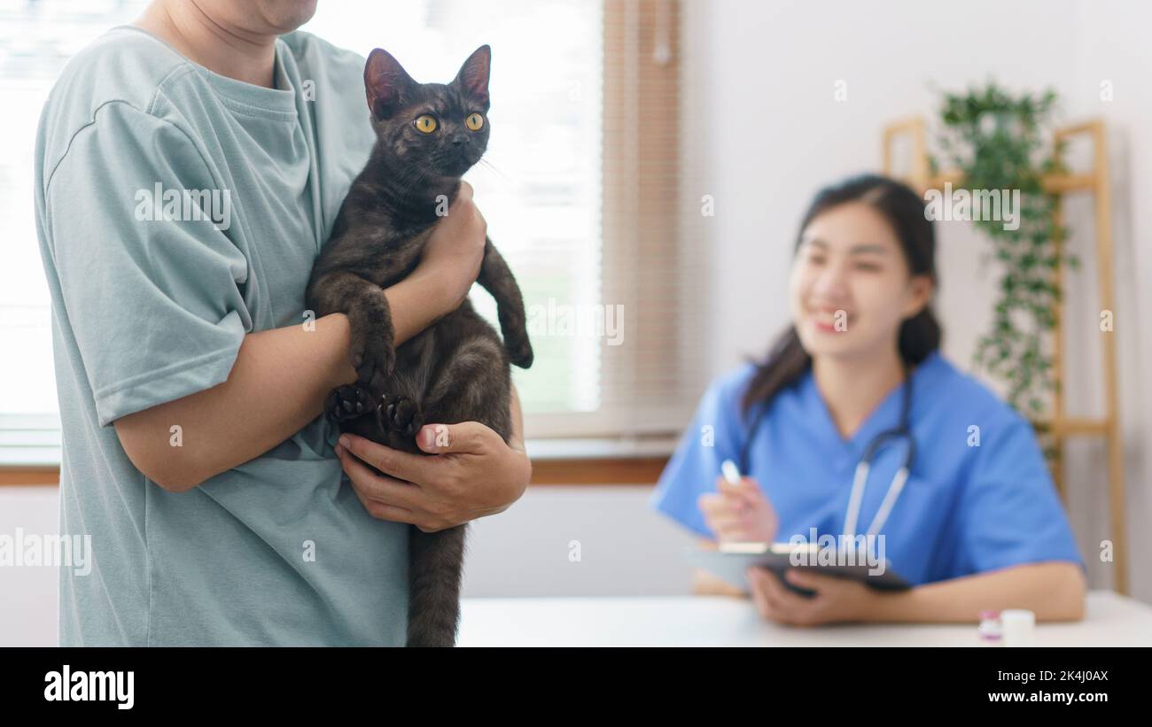Pet care concept, Female veterinary is writing prescription on ...
