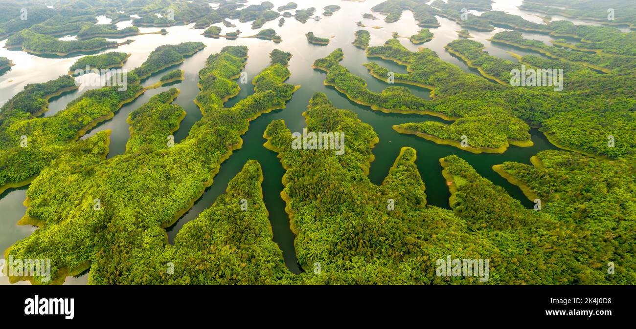 Ta Dung lake or Dong Nai 3 lake in the morning, aerial view. The ...