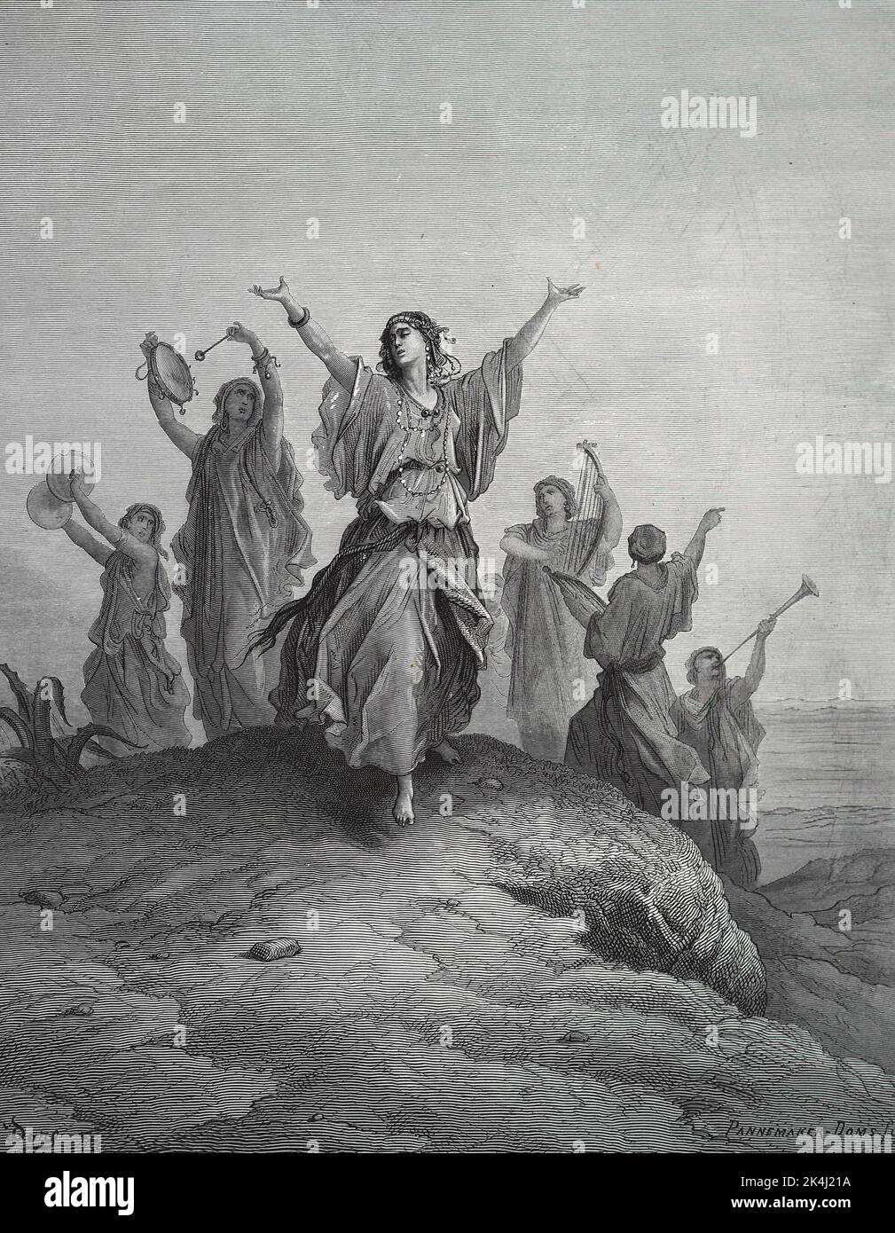 Jephathah's (Jephhte's) Cochter goes to meet her father. Illustration ...