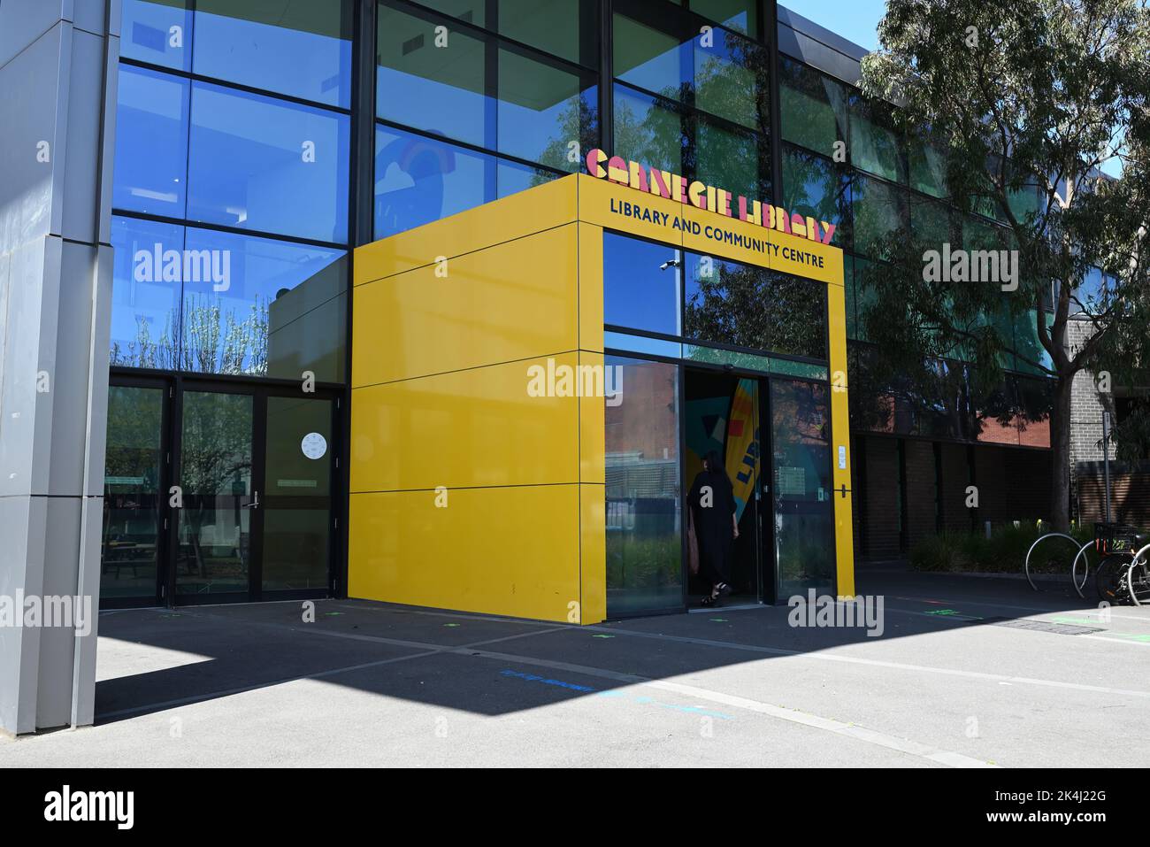 Yellow entrance to the Carnegie Library and Community Centre, operated ...