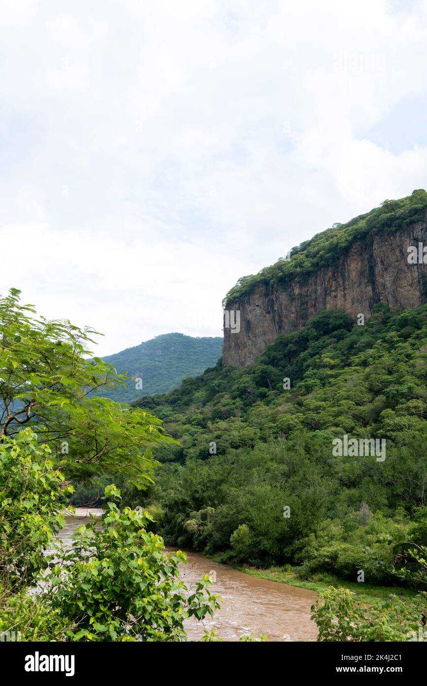 dirty river seen through the huentitan ravine in guadalajara, green ...