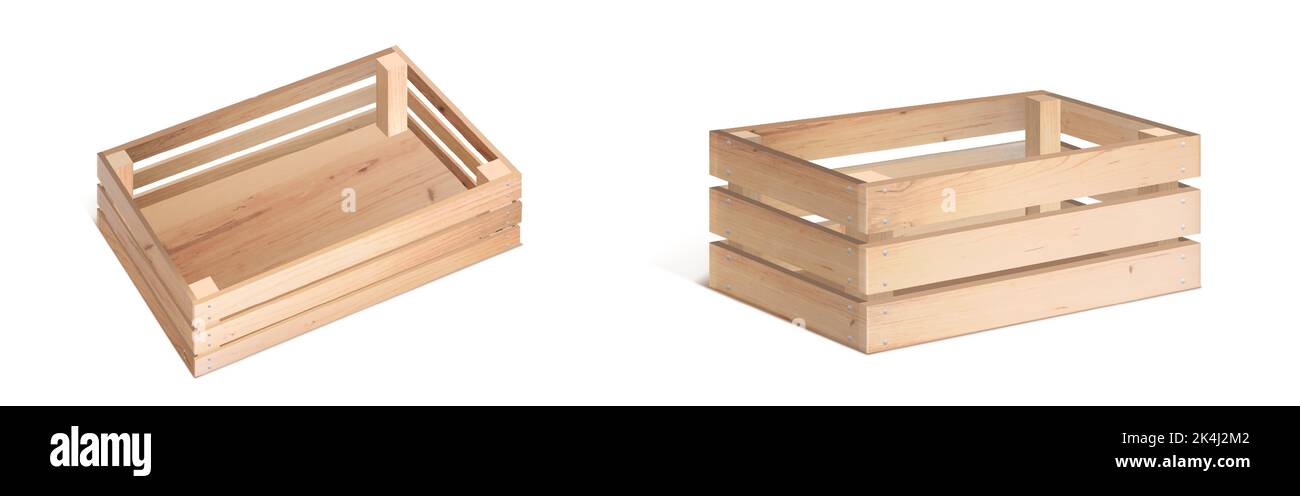 Wooden box or empty crate 3D vector isolated icon. Wood tray for farm ...