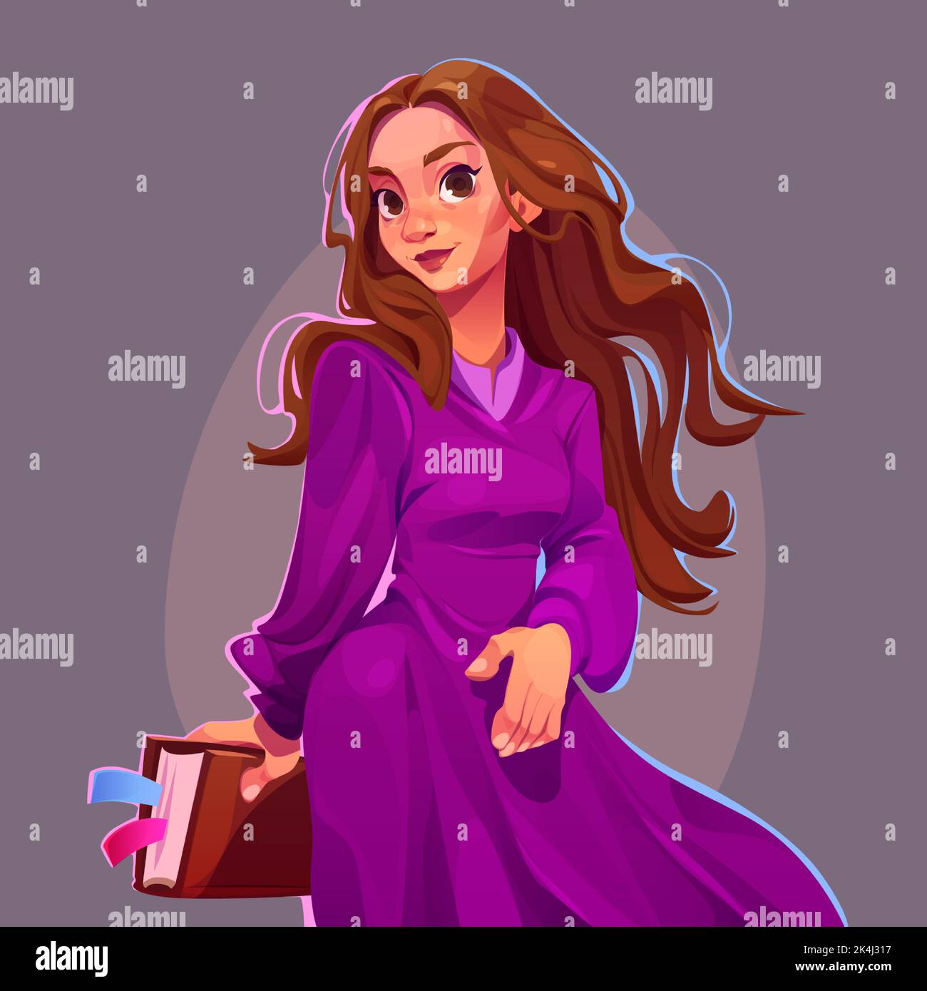 Attractive girl in purple dress. Beautiful female student hold book ...