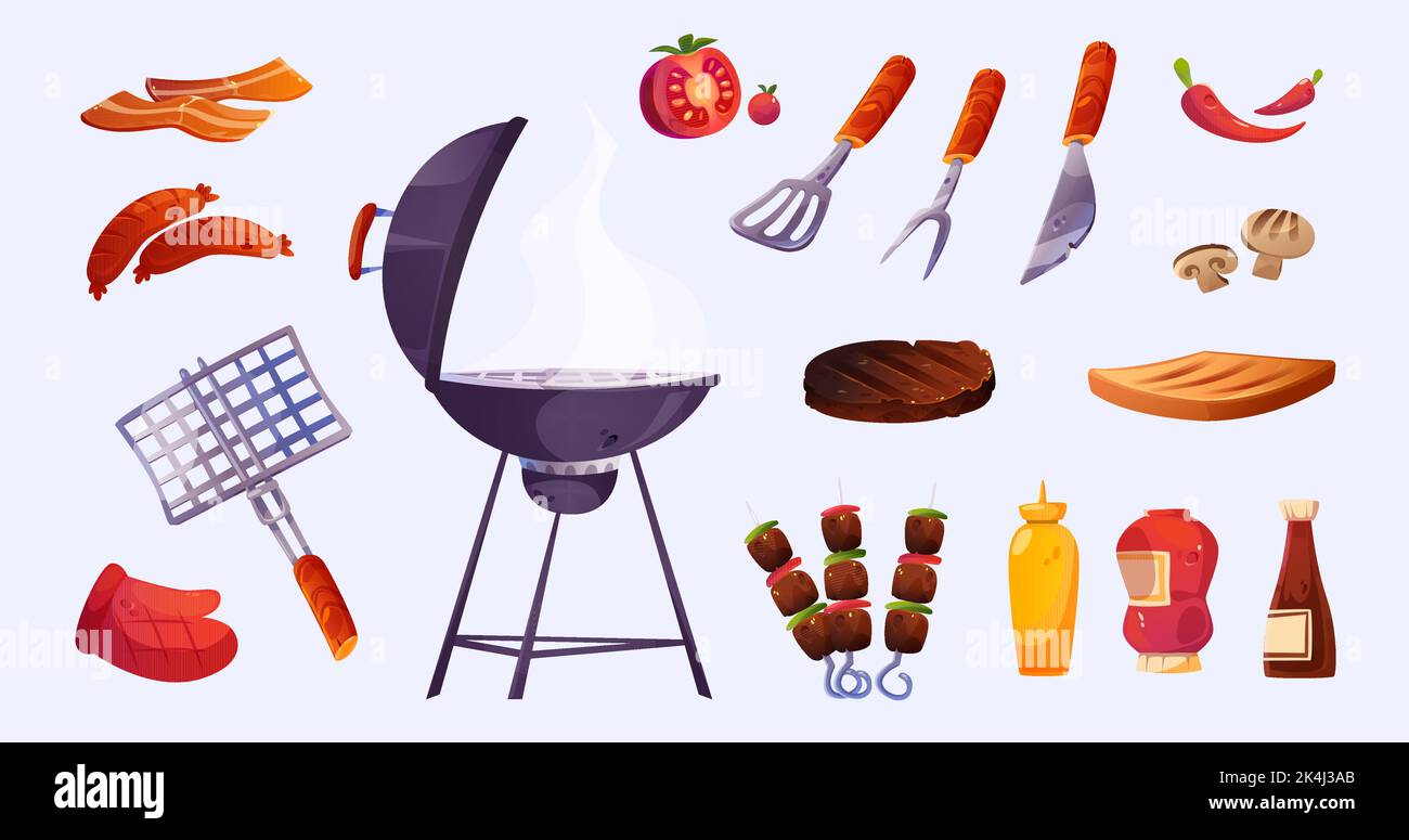 Bbq set, barbecue food and cooking stuff. Grill machine, grid, steak ...