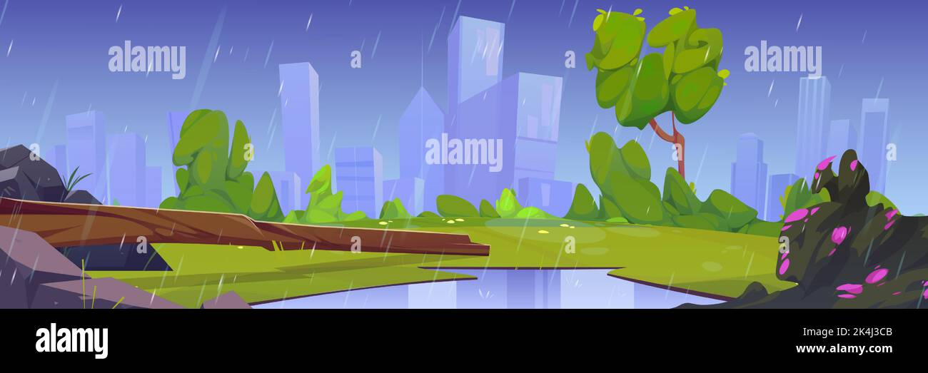 Summer park lawn in rain with city buildings on background. Country ...
