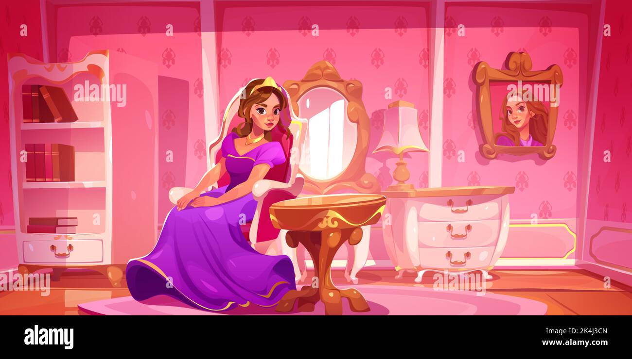 Princess in pink living room, pretty young woman in crown and dress ...