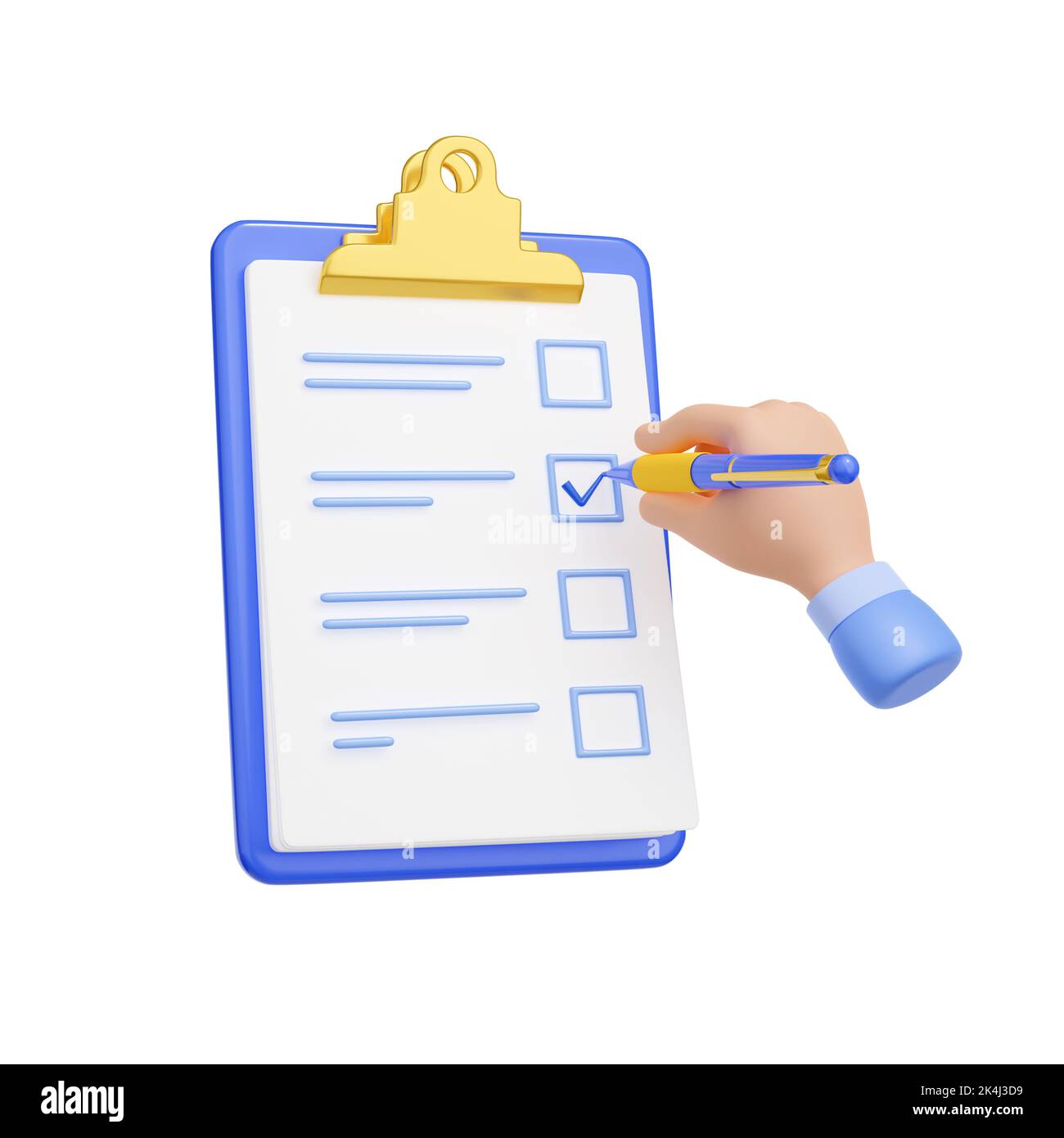 3D illustration of human hand putting tick on clipboard document ...