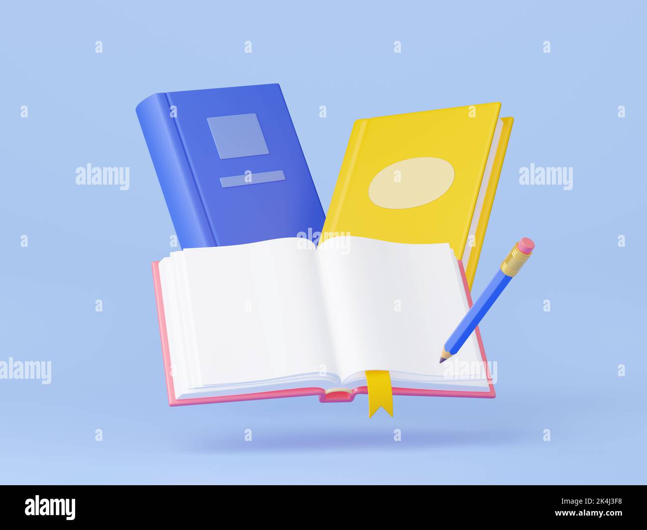 3D illustration of open, closed books and pencil. Yellow and blue ...