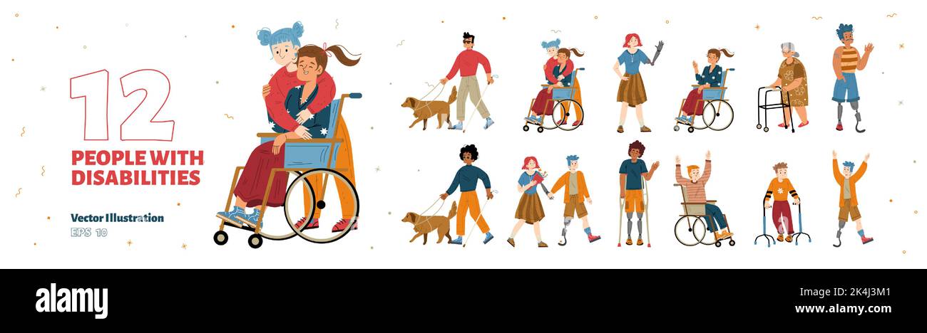 Set of diverse people with disabilities. Blind characters with guide ...