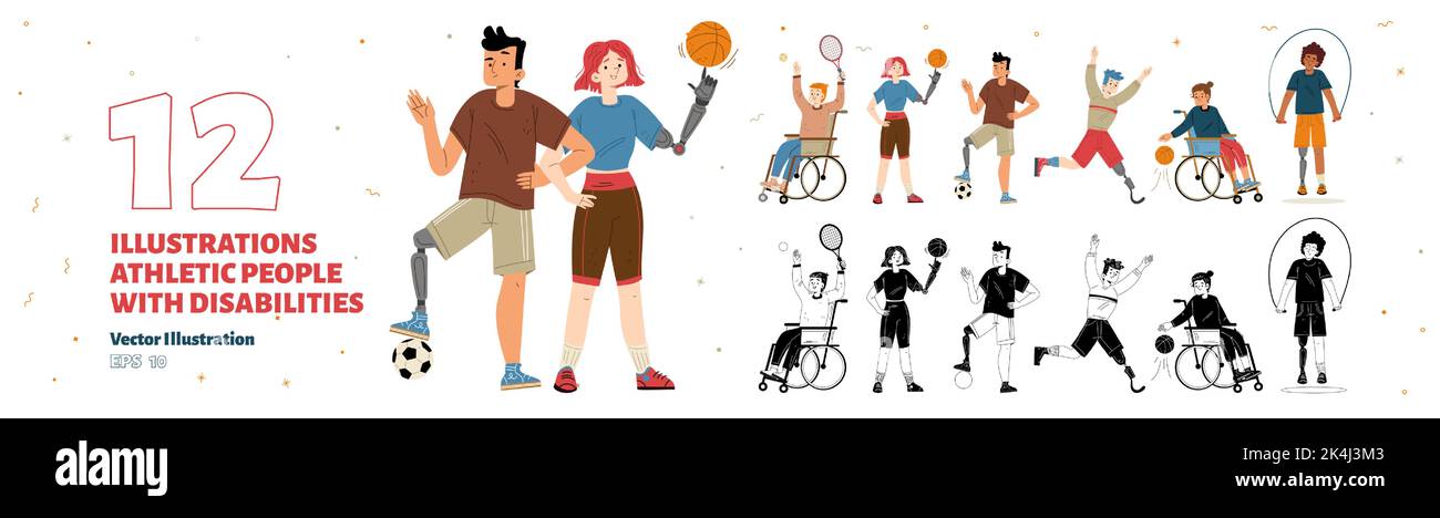 Set of athletic people with disabilities. Paralympic disabled athletes ...