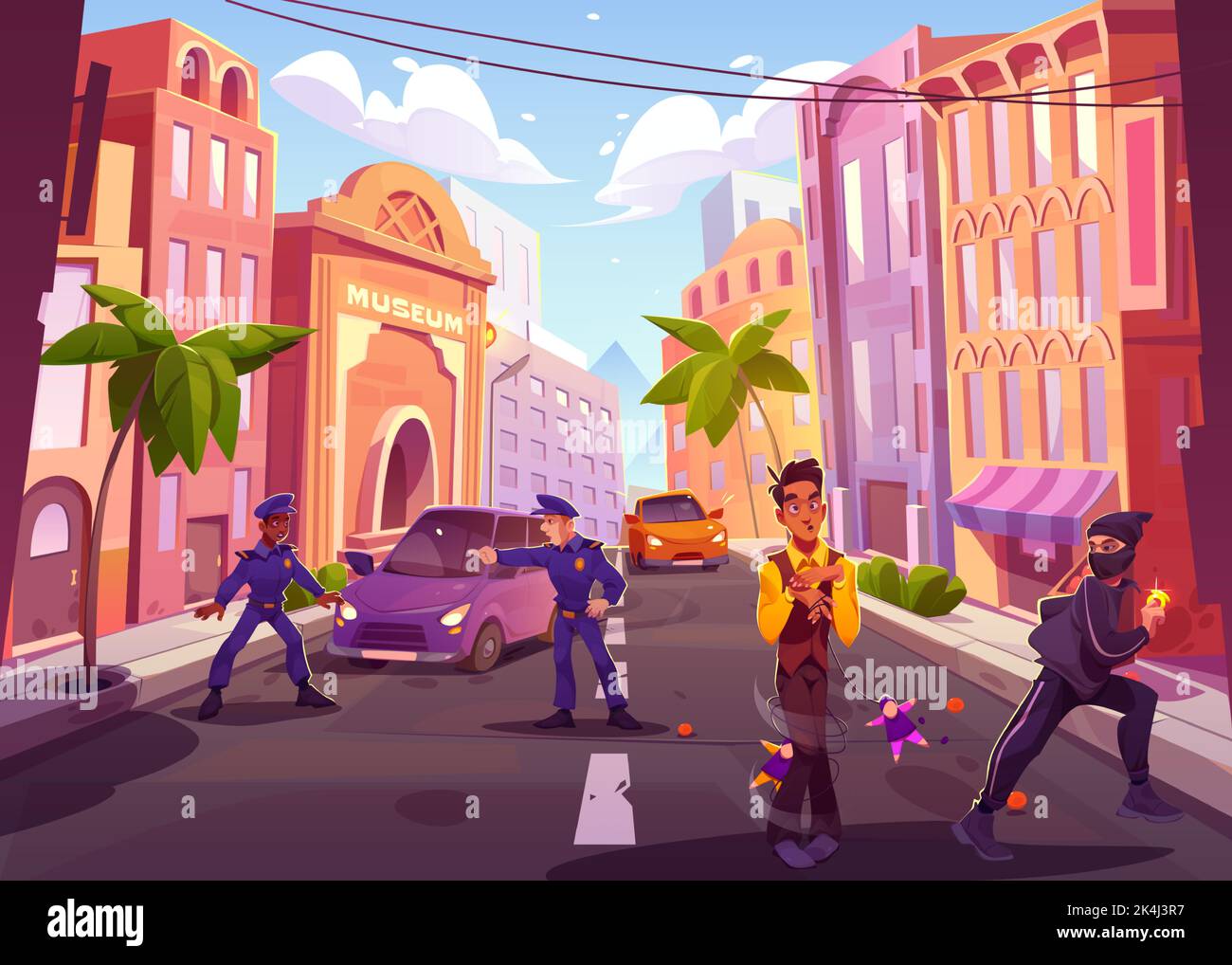 City street with characters on road, policemen, robber with stolen gold ...