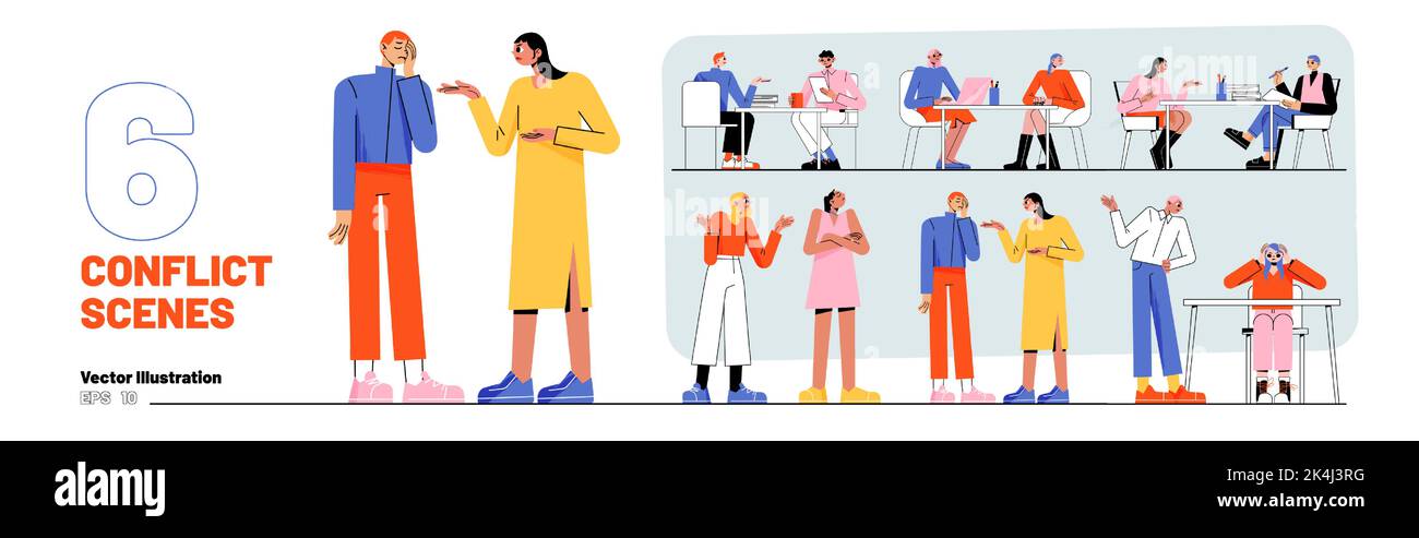 Set of conflict scenes on workplace. Angry employees quarrel and argue ...