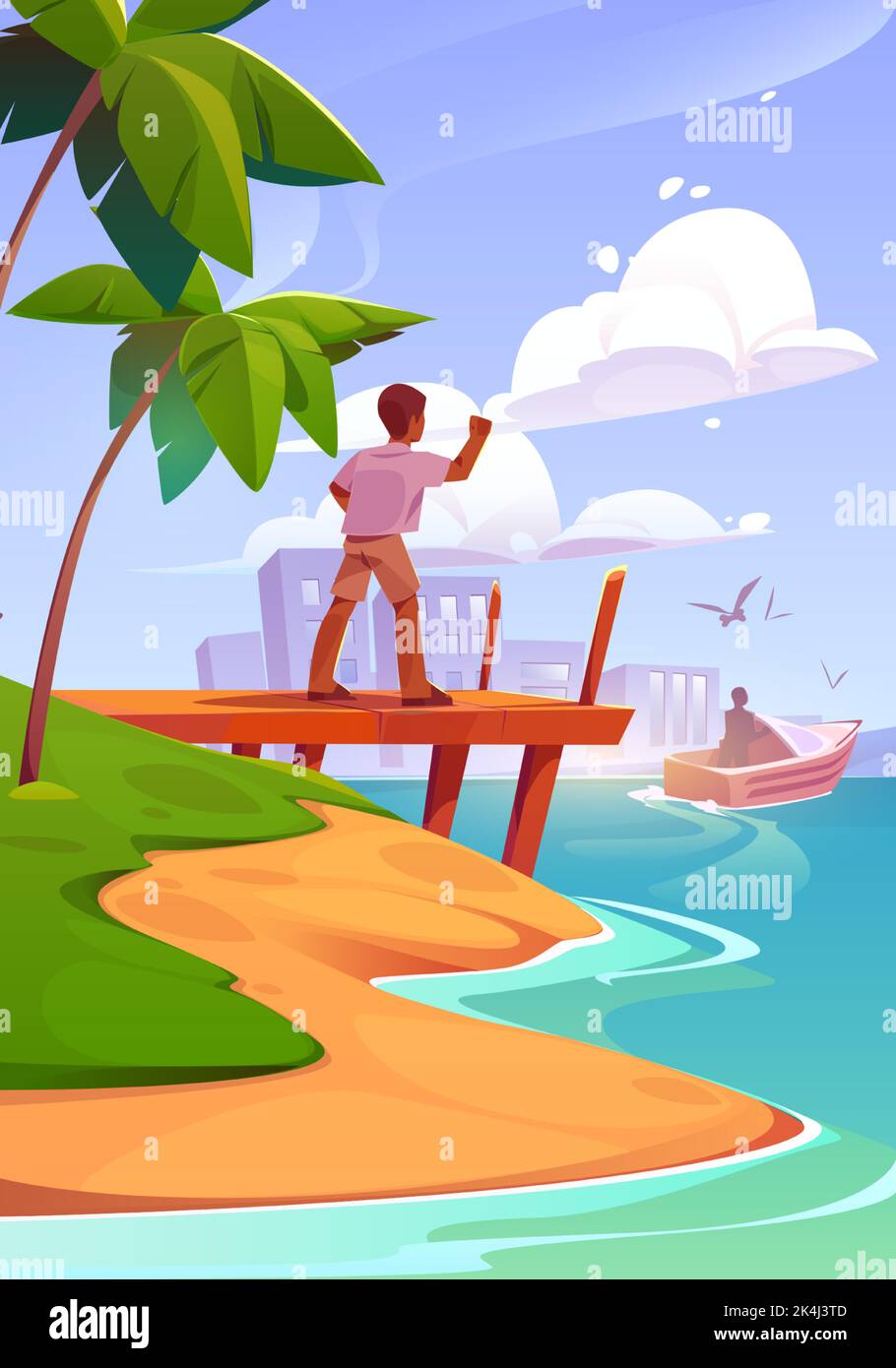 Boy on pier by boat Stock Vector Images - Alamy