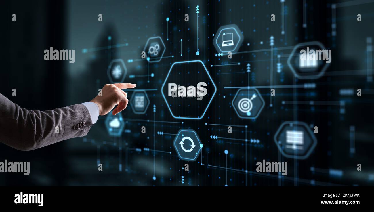 Hand pressing button on interface PaaS, Platform as a Service. Internet ...