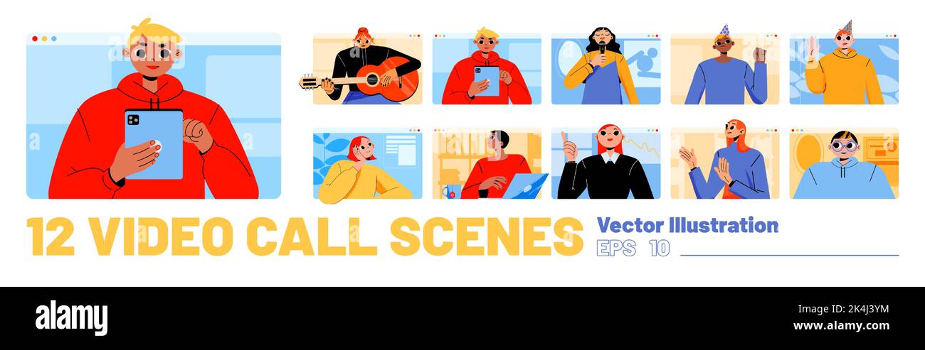 Set of people video call communication. Characters virtual online chat ...