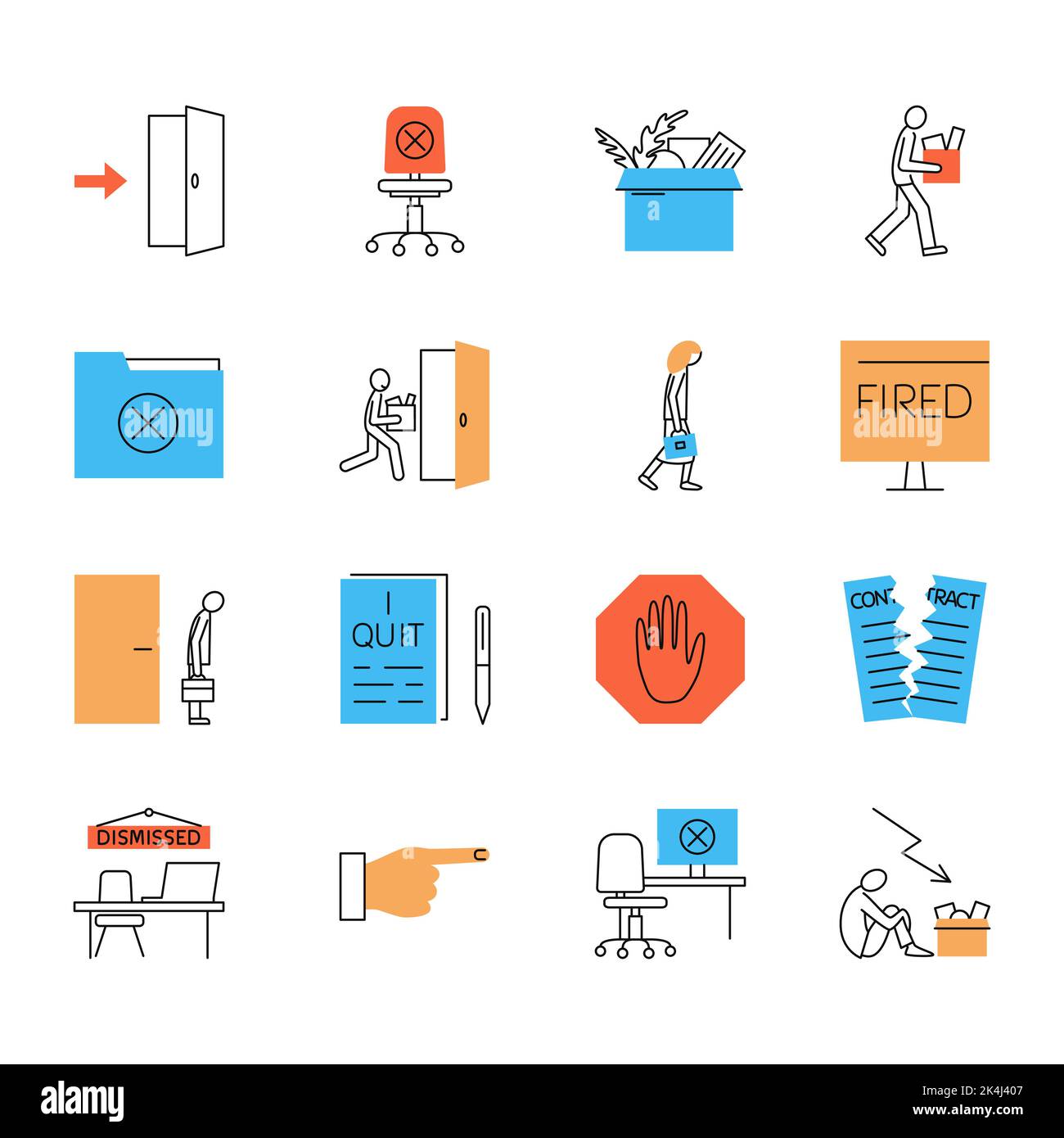 Dismissal icon set in colored line style. Resignation, leaving job ...