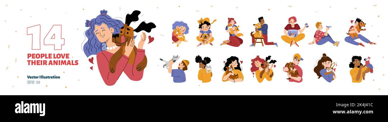 Set of people love their animals. Happy pet owners hold parrot, rabbit ...