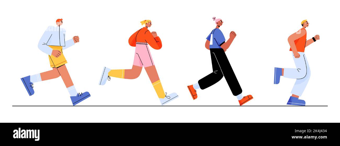 People run in row, marathon jogging, sports exercising or competition ...
