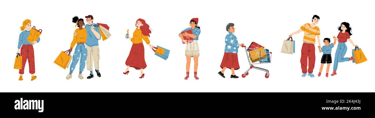 People shopping, visitors with trolley and paper bags buying purchases ...