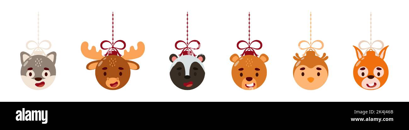 Merry Christmas and new year ball with cute wolf, moose, skunk, beaver ...