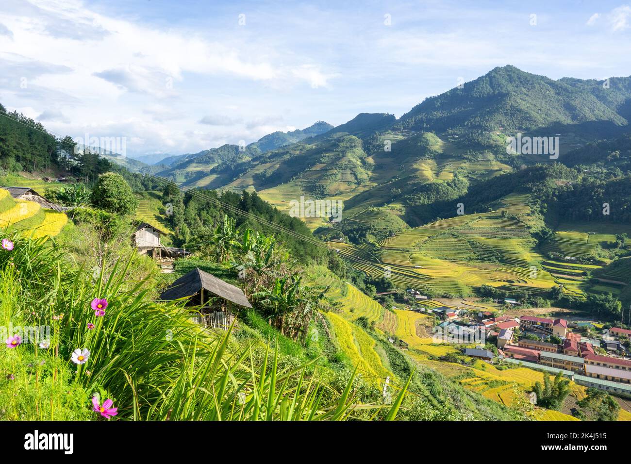 Aerial view of golden rice terraces at Mu cang chai town near Sapa city ...