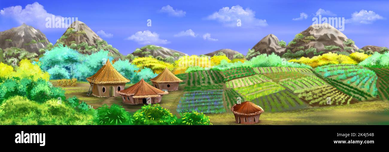 Fairy tale hobbit village on a sunny summer day. Digital Painting ...