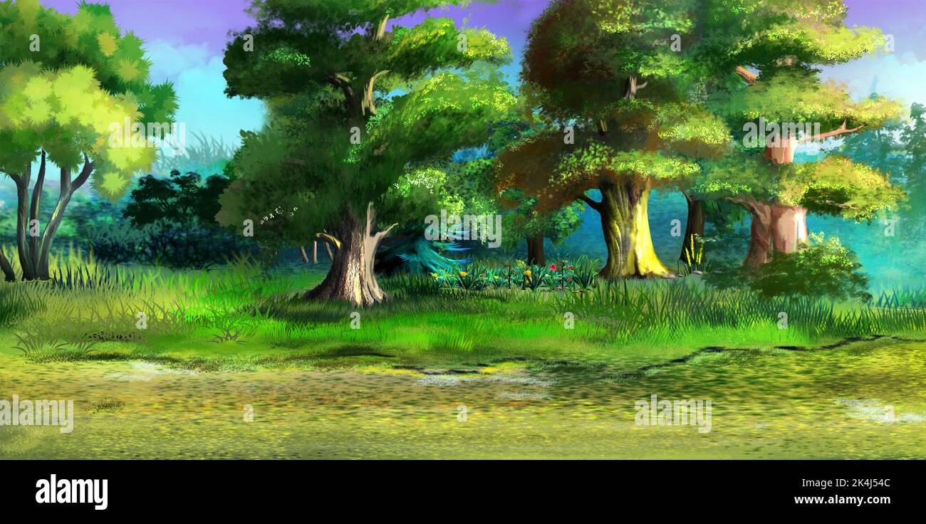 Forest edge on a summer day. Digital Painting Background, Illustration ...