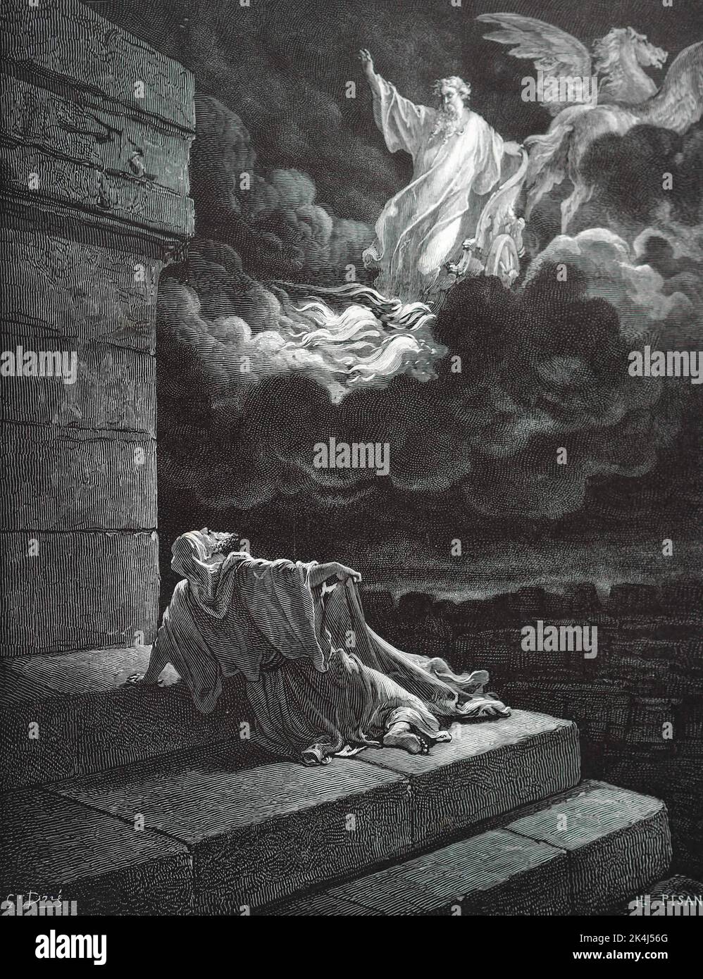 Elias rides Ascent in a Chariot of Fire. Illustration by Gustave Dore ...