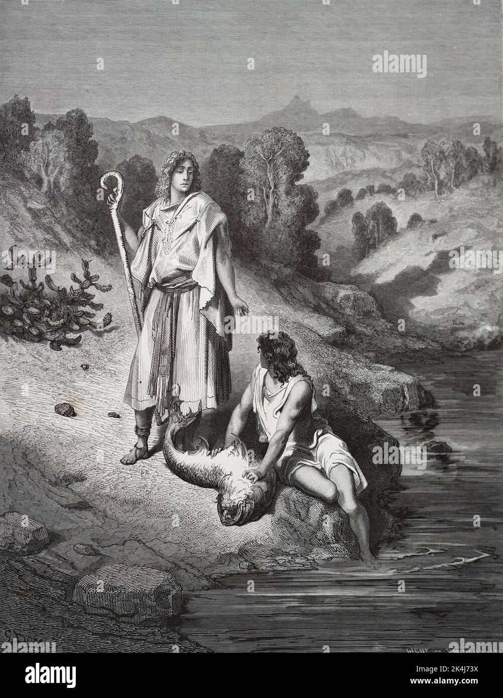 Tobias and. the angel. Illustration by Gustave Dore from the third ...
